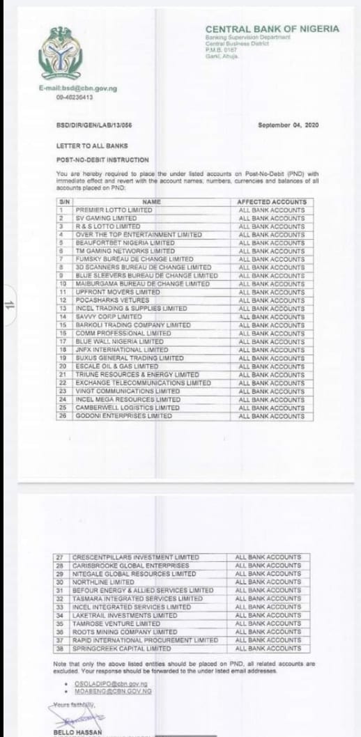 Check The Full List Of 38 Companies Bank Accounts Frozen By CBN ...